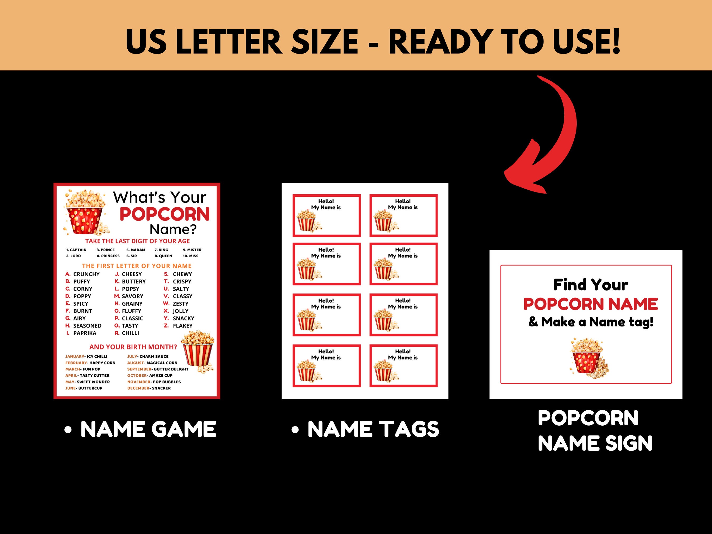 What's Your Popcorn Name Game With Name Tags + Popcorn Name Sign ...