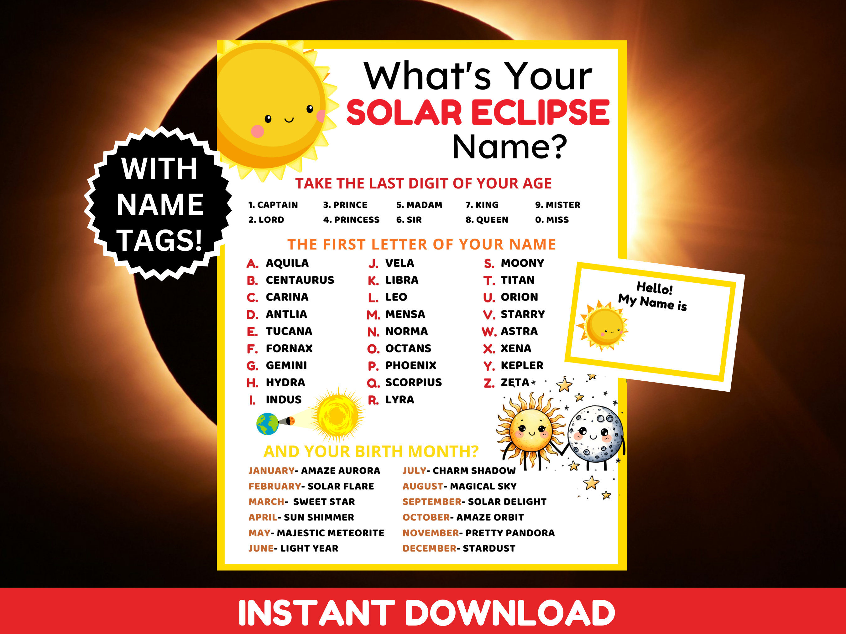 What's Your Solar Eclipse Name Game With Nametags +sign, Solar Eclipse ...