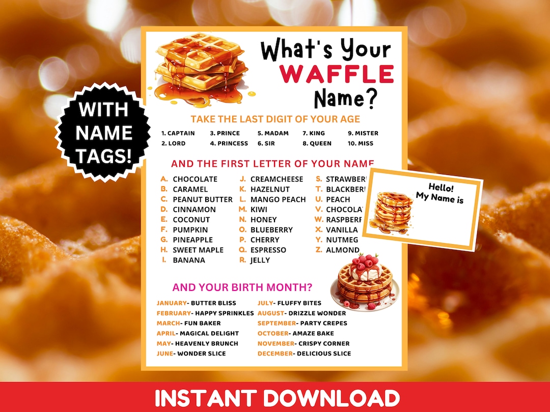 What's Your Waffle Name Game With Name Tags + Waffle Sign, Waffle Party ...