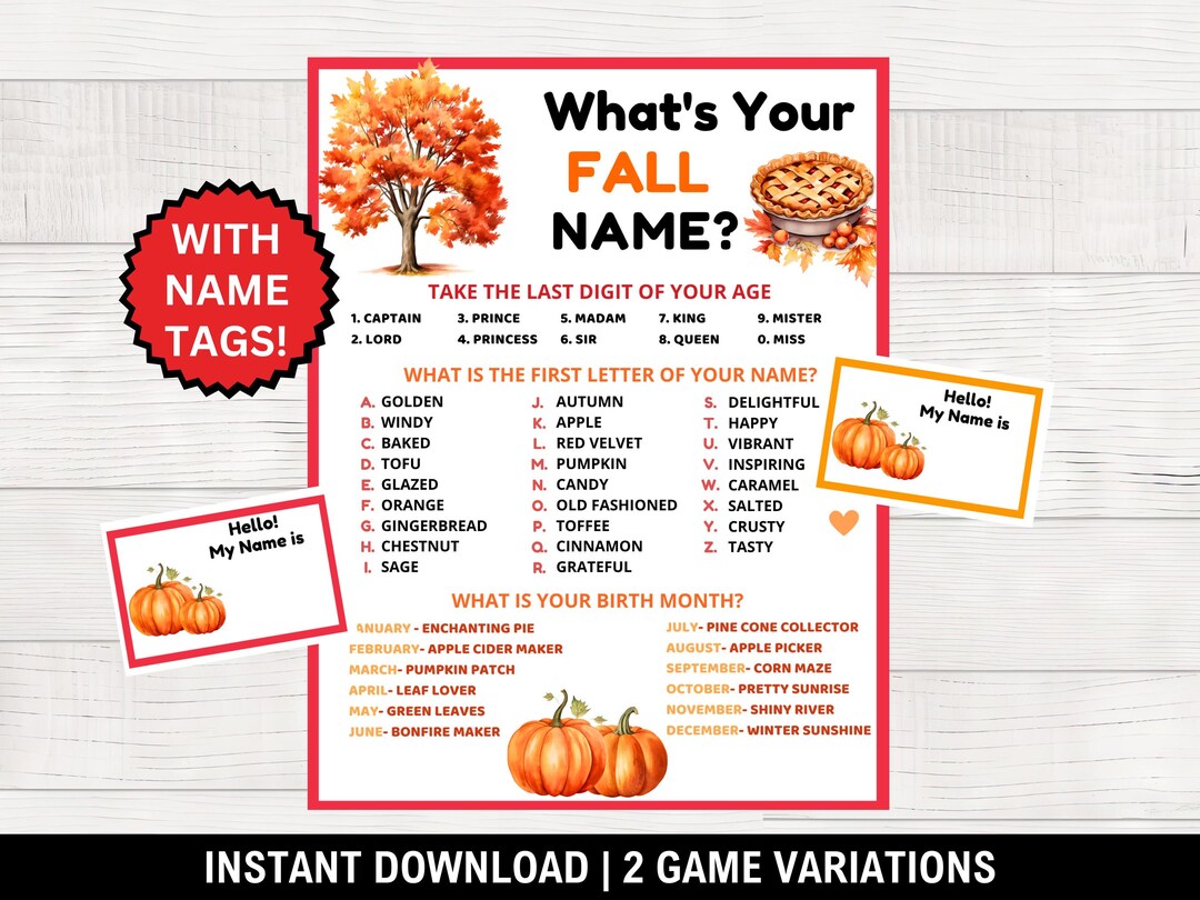What's Your Fall Name Game With Fall Name Tags + Fall Sign, Fall Party ...