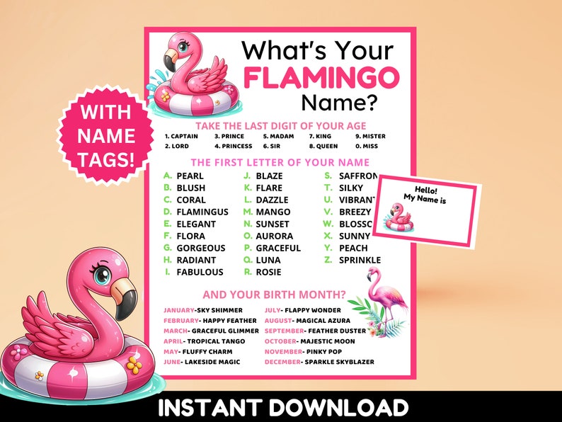 What's Your Flamingo Name Game With Name Tags + Flamingo Sign, Flamingo ...
