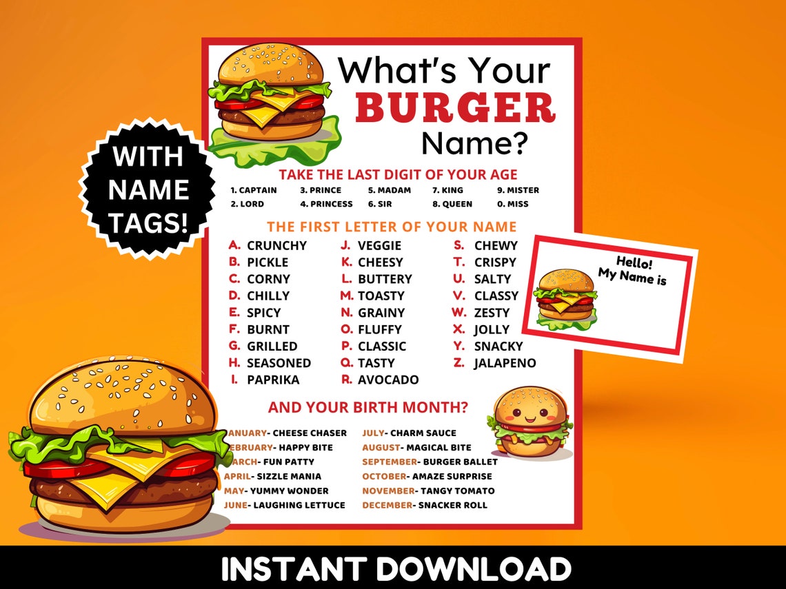 What's Your Burger Name Game With Name Tags & Burger Sign, Burger ...