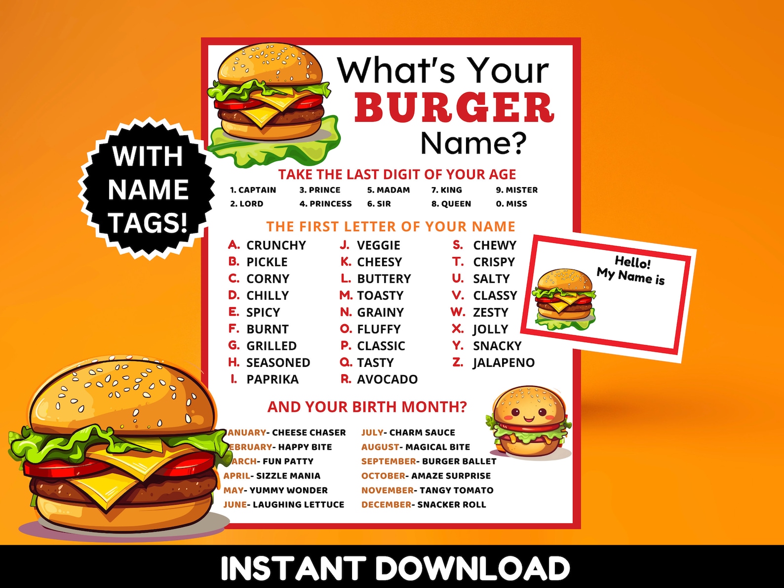 What's Your Burger Name Game With Name Tags & Burger Sign, Burger ...