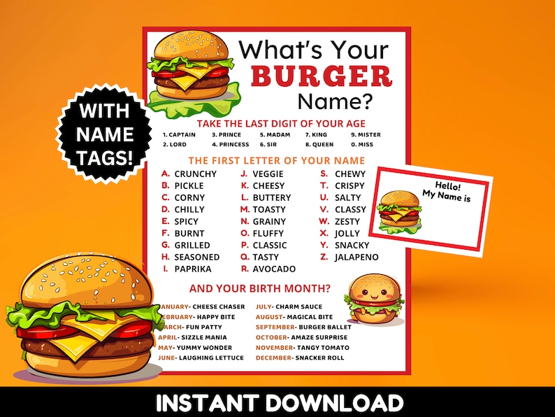 What's Your Burger Name Game With Name Tags & Burger Sign, Burger ...