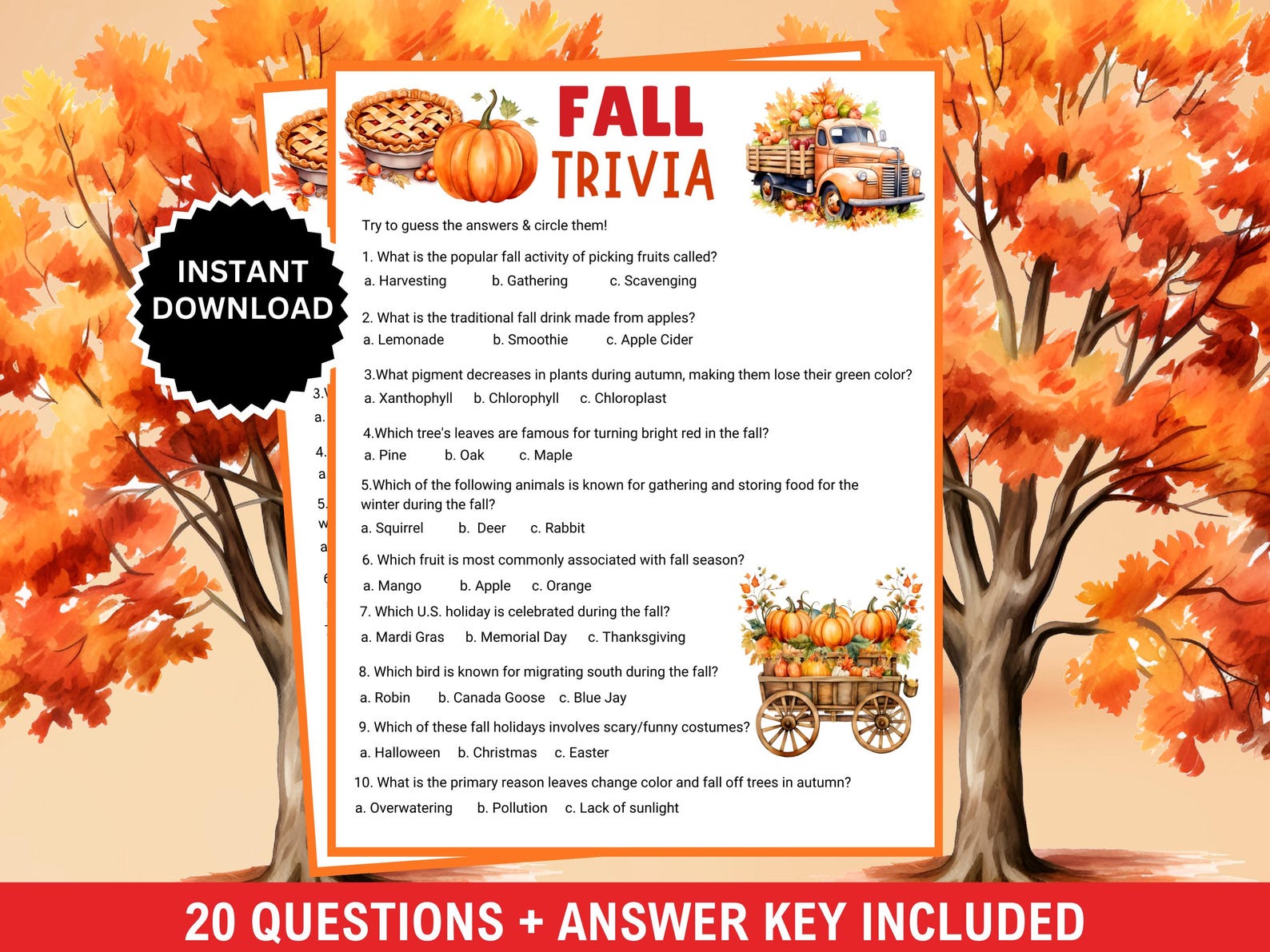 Fall Trivia Game, Autumn Themed Quiz, Fun Fall Activity for Kids and ...