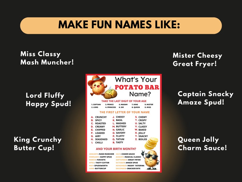 What's Your Potato Bar Name Game With Name Tags+ Sign, Potato Bar Party ...