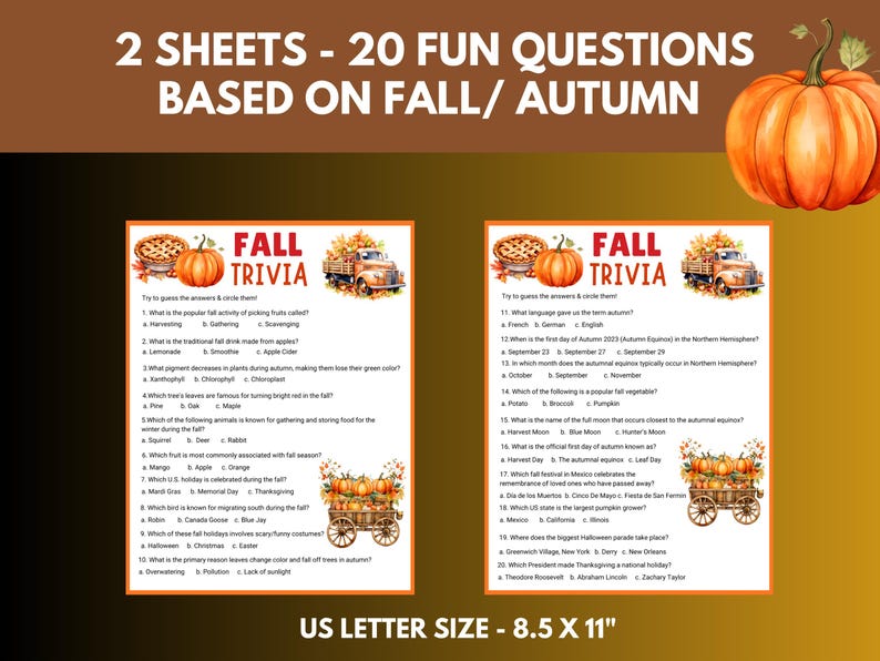 Fall Trivia Game, Autumn Themed Quiz, Fun Fall Activity for Kids and ...