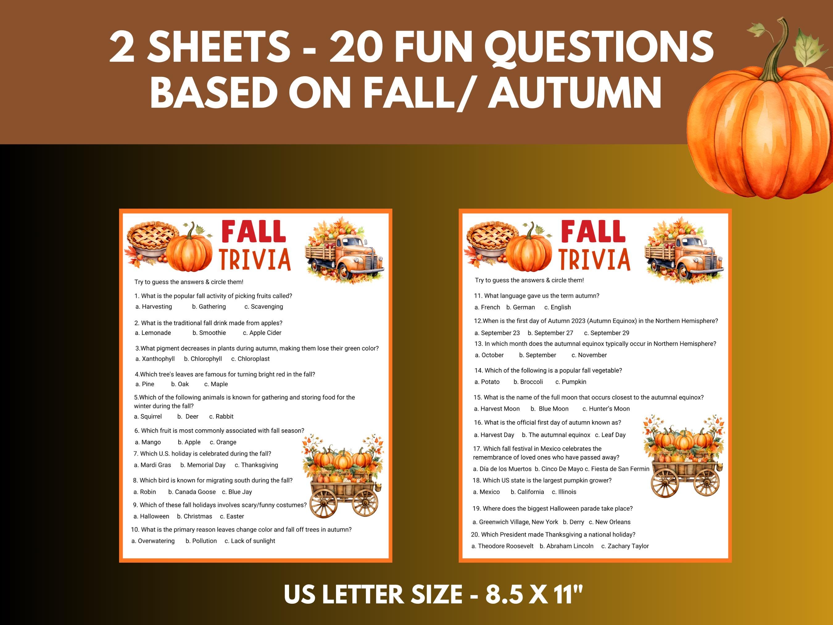 Fall Trivia Game, Autumn Themed Quiz, Fun Fall Activity for Kids and ...