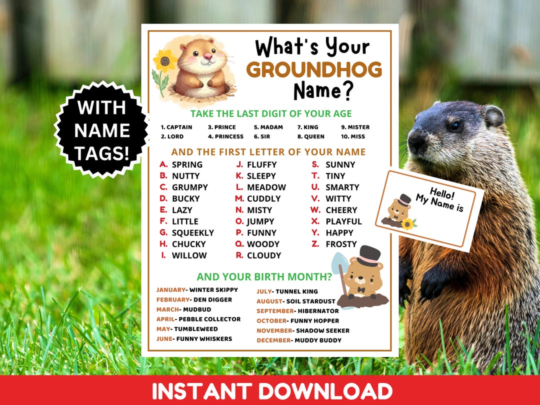 What's Your Groundhog Name Game With Name Tags & Groundhog Name Sign ...