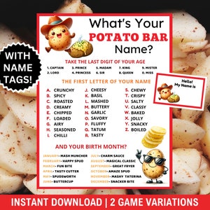 What's Your Potato Bar Name Game With Name Tags+ Sign, Potato Bar Party ...