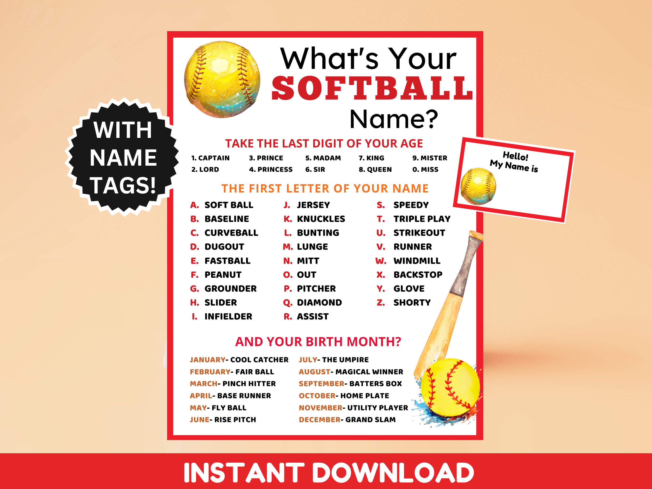 What's Your Softball Name Game With Name Tags & Softball Sign, Softball ...