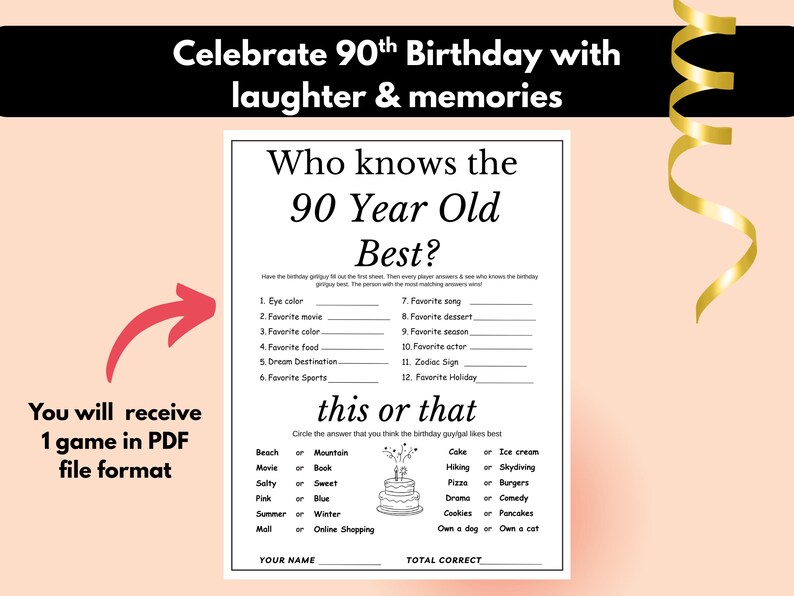 Who Knows the 90 Year Old Best, 90th Birthday Party Games, Printable ...
