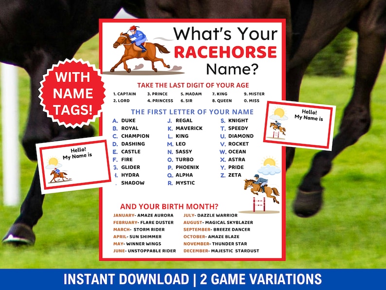 What's Your Race Horse Name Game With Name Tags+ Race Horse Sign, Derby ...