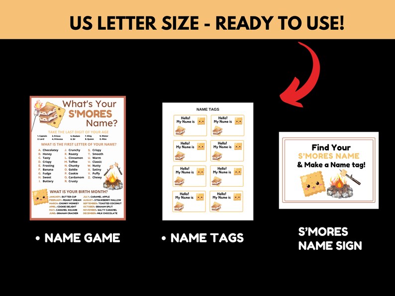 What's Your S'mores Name Game With Name Tags+ Smores Sign, Camp Game, S ...