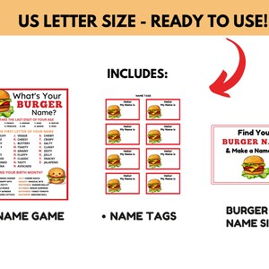 What's Your Burger Name Game With Name Tags & Burger Sign, Burger ...