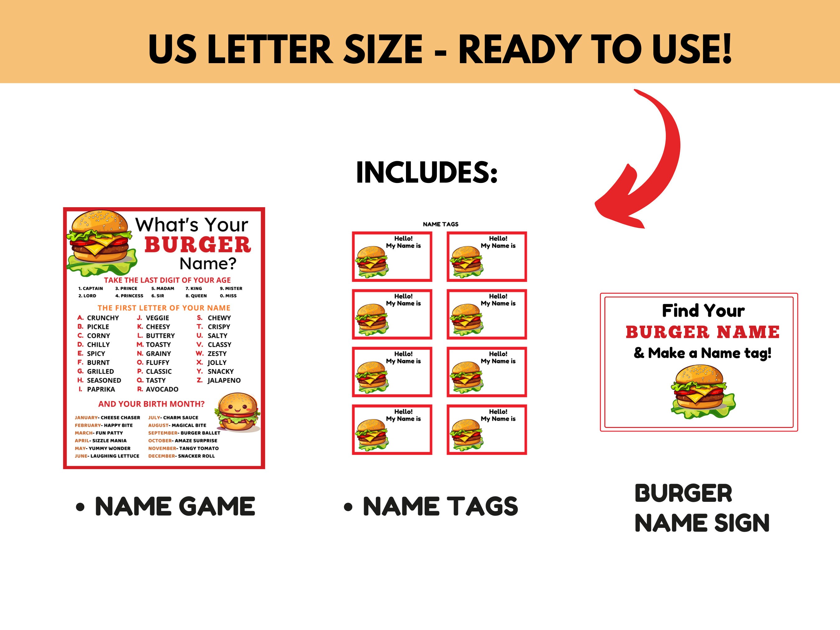 What's Your Burger Name Game With Name Tags & Burger Sign, Burger ...