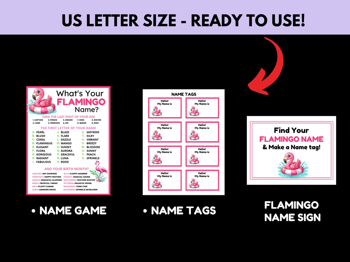 What's Your Flamingo Name Game With Name Tags + Flamingo Sign, Flamingo ...