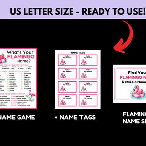 What's Your Flamingo Name Game With Name Tags + Flamingo Sign, Flamingo ...