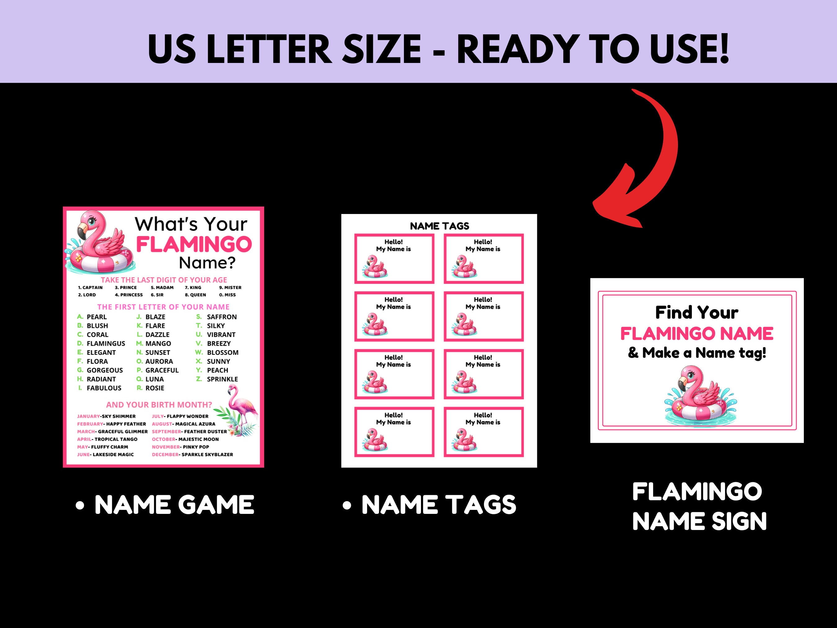 What's Your Flamingo Name Game With Name Tags + Flamingo Sign, Flamingo ...