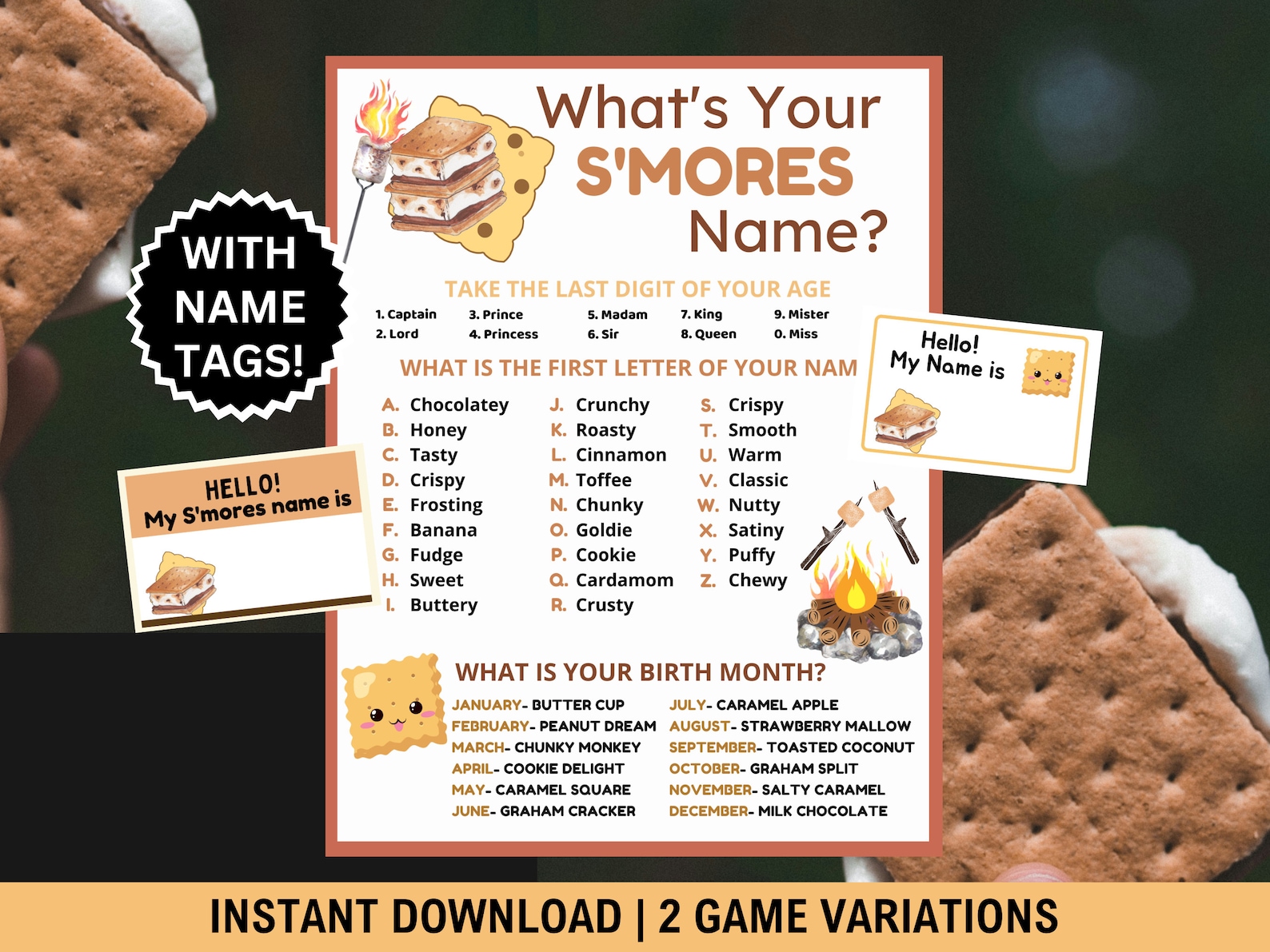 What's Your S'mores Name Game With Name Tags+ Smores Sign, Camp Game, S ...