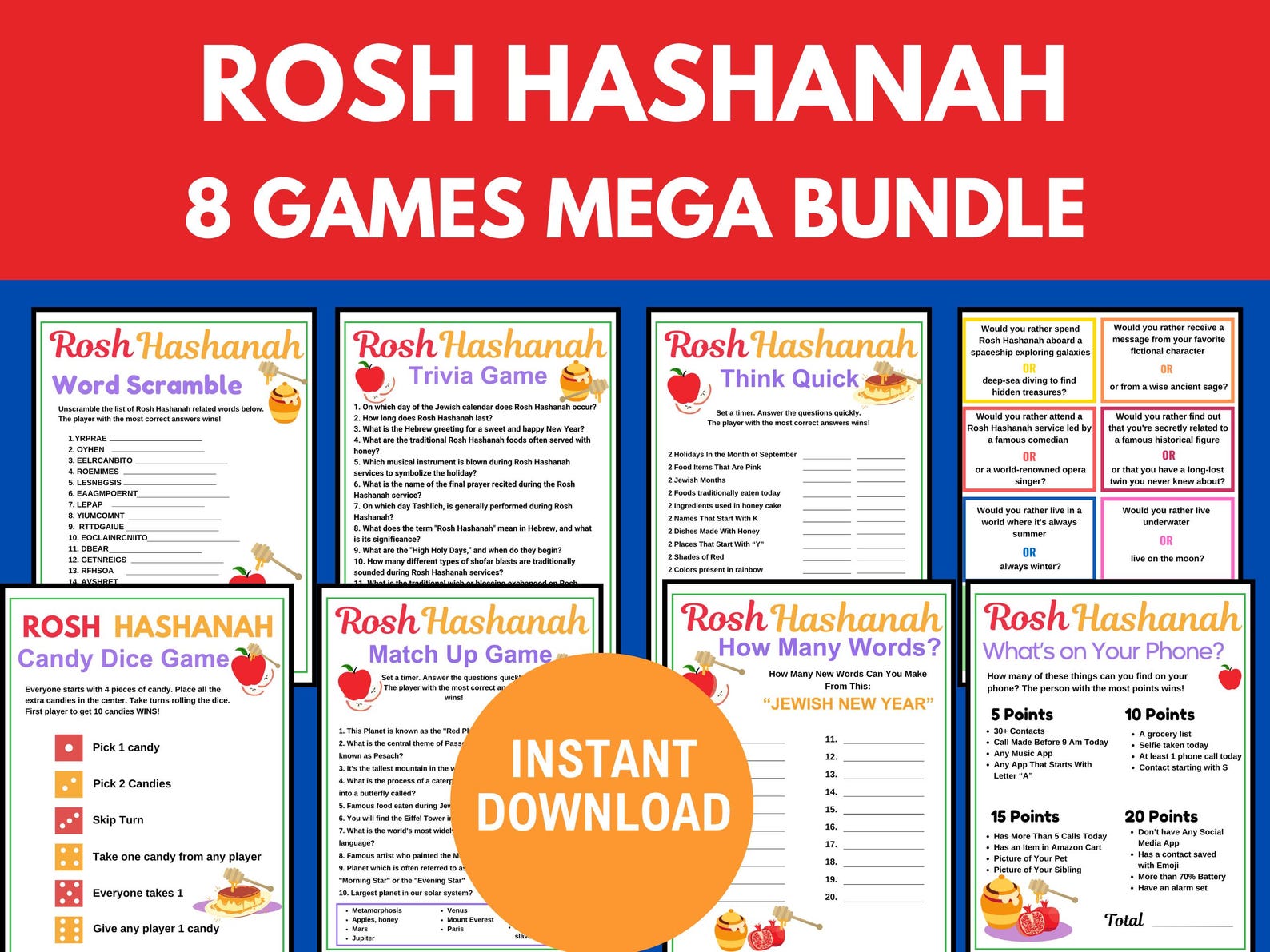Rosh Hashanah Games Bundle, Rosh Hashanah Trivia, Would You Rather ...