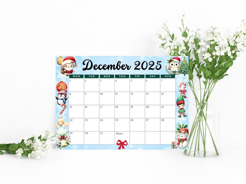 December 2025 Christmas Calendar With Snowman, Elf, Santa, December ...