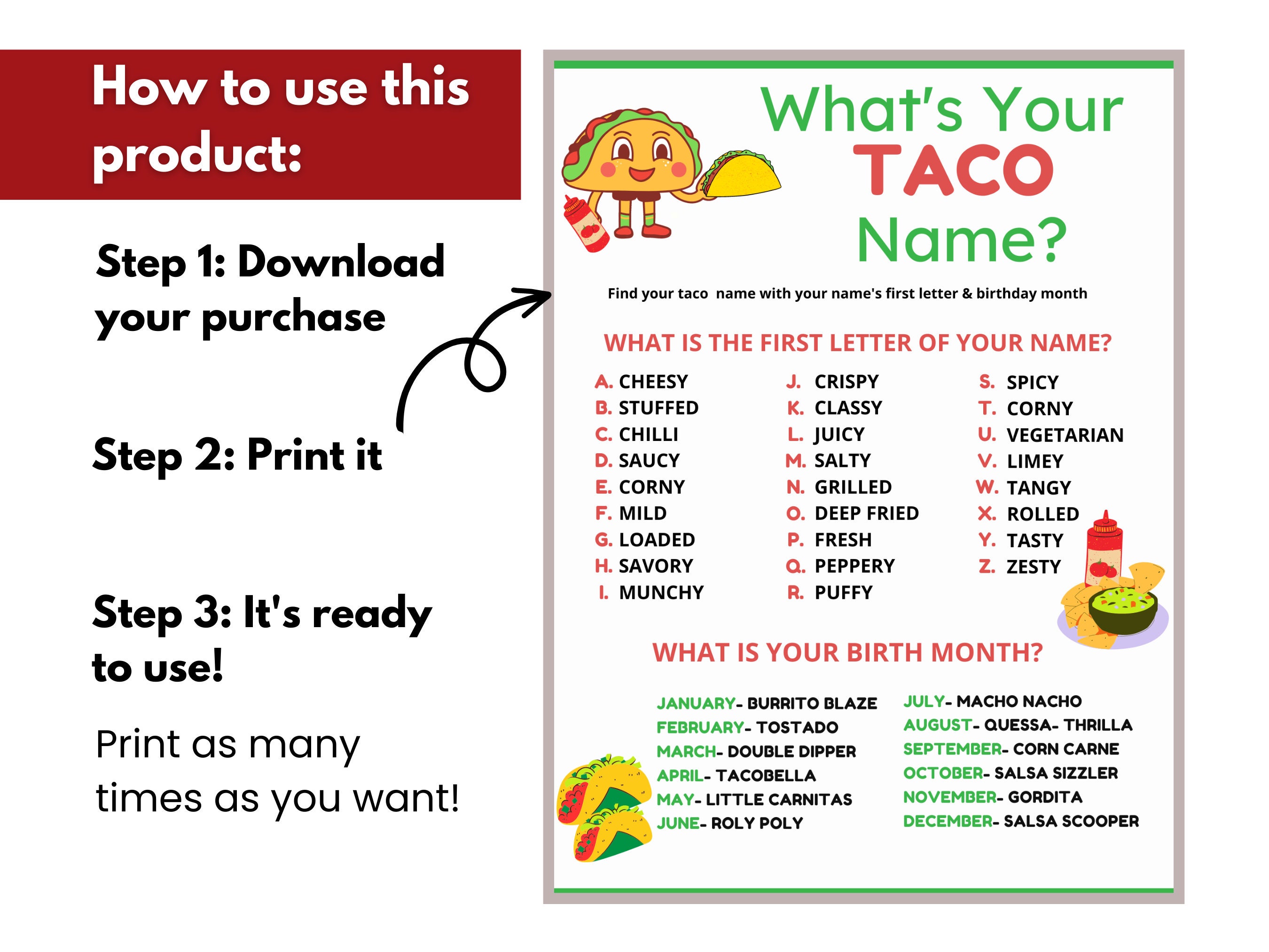 What's Your Taco Name Game, Taco Name Tags and Sign, Cinco De Mayo ...