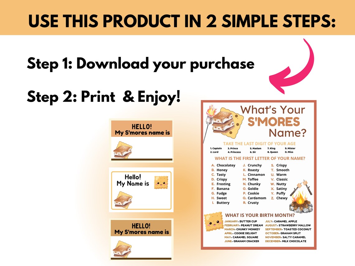 What's Your S'mores Name Game With Name Tags+ Smores Sign, Camp Game, S ...