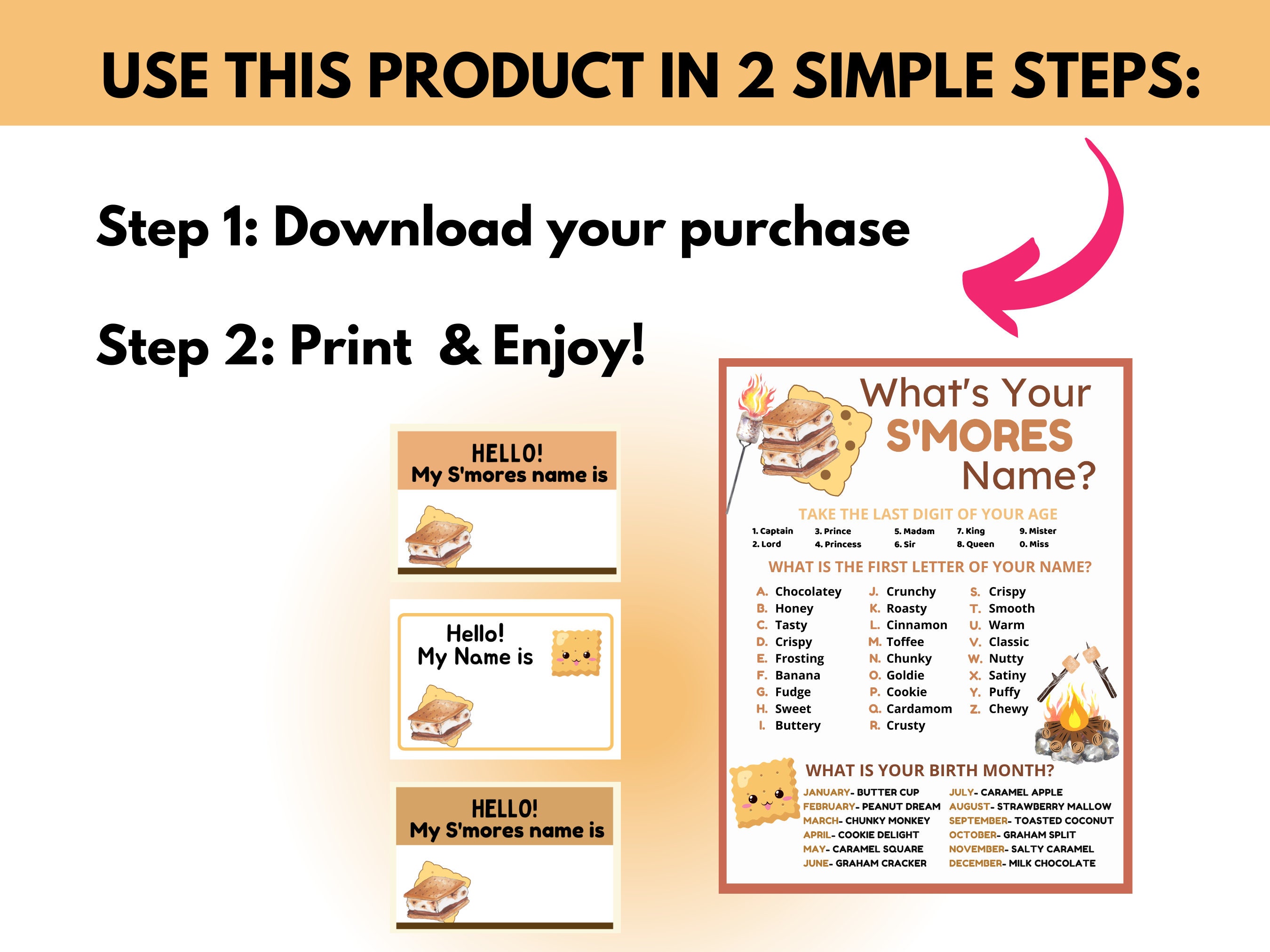 What's Your S'mores Name Game With Name Tags+ Smores Sign, Camp Game, S ...