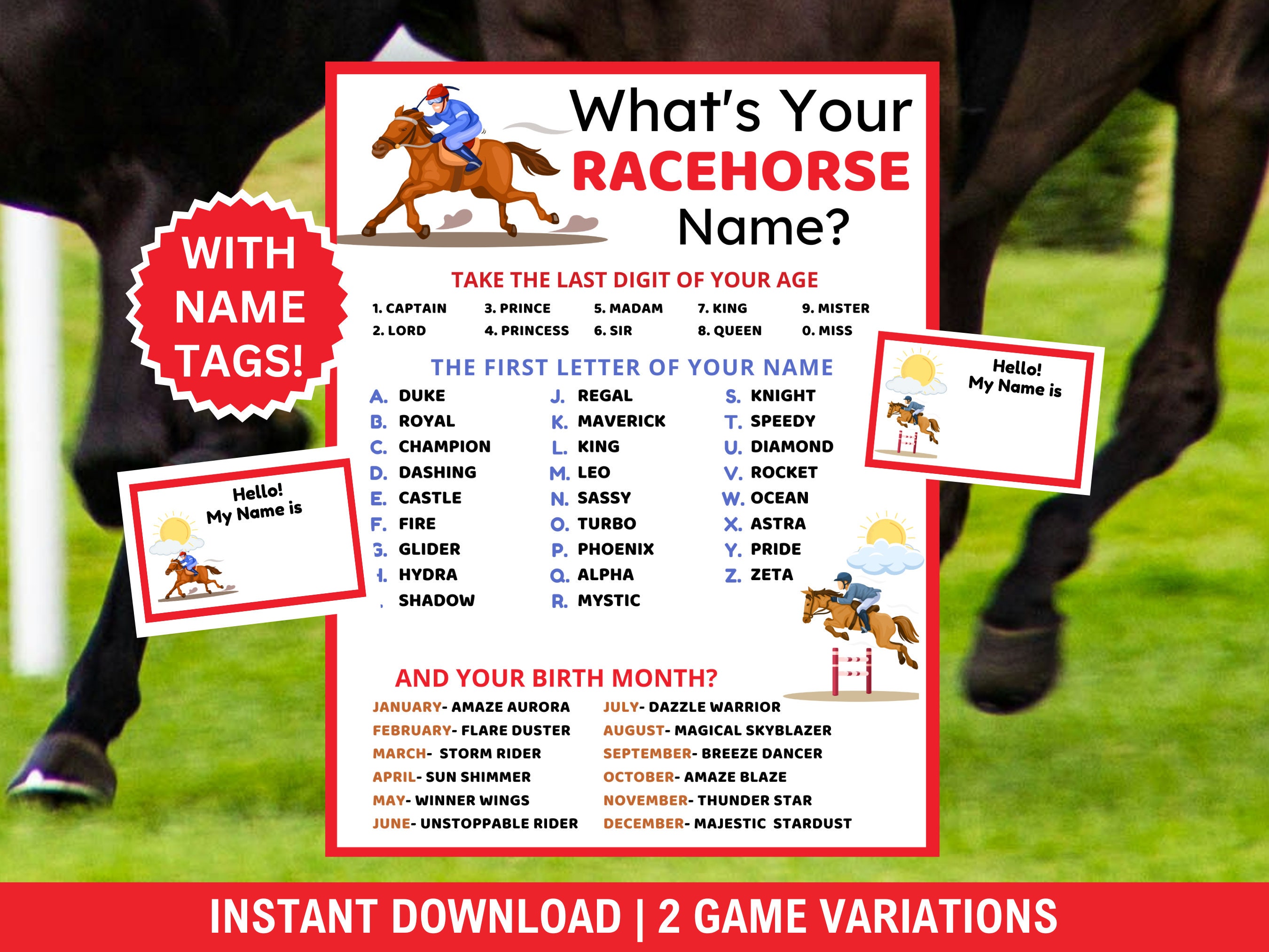 What's Your Race Horse Name Game With Name Tags+ Race Horse Sign, Derby ...