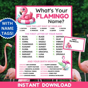 What's Your Flamingo Name Game With Name Tags + Flamingo Sign, Flamingo ...