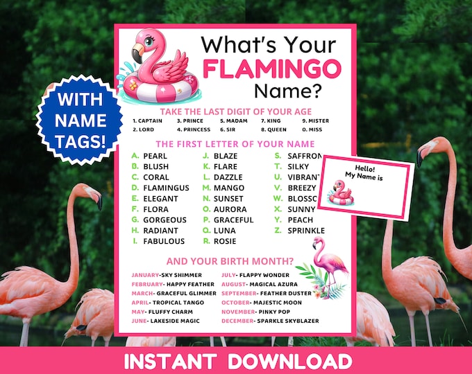 What's Your Flamingo Name Game With Name Tags + Flamingo Sign, Flamingo ...