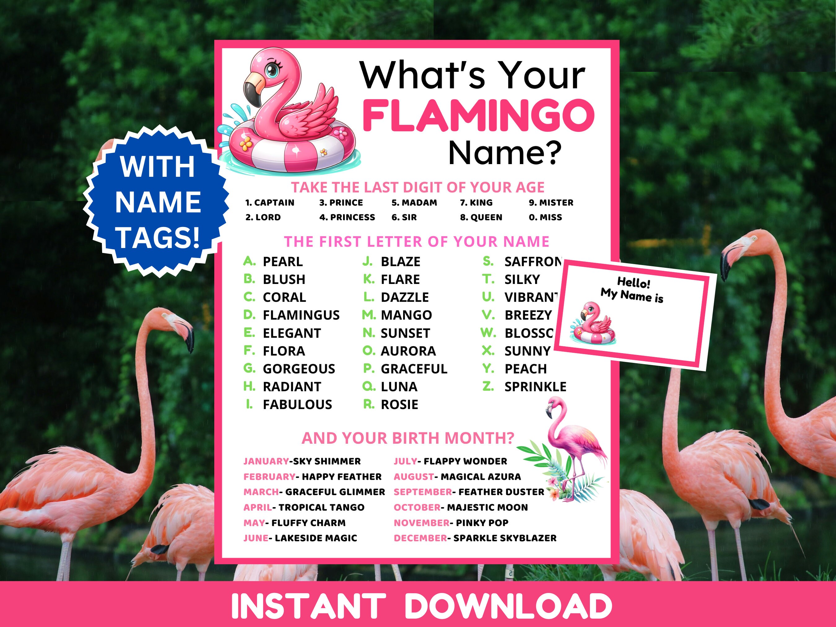 What's Your Flamingo Name Game With Name Tags + Flamingo Sign, Flamingo ...