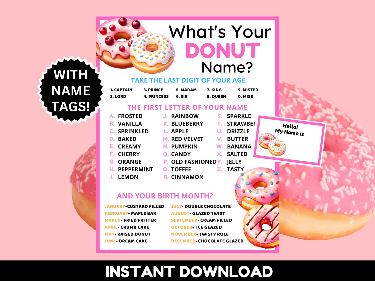 What's Your Donut Name Game With Name Tags + Donut Name Sign, Donut ...