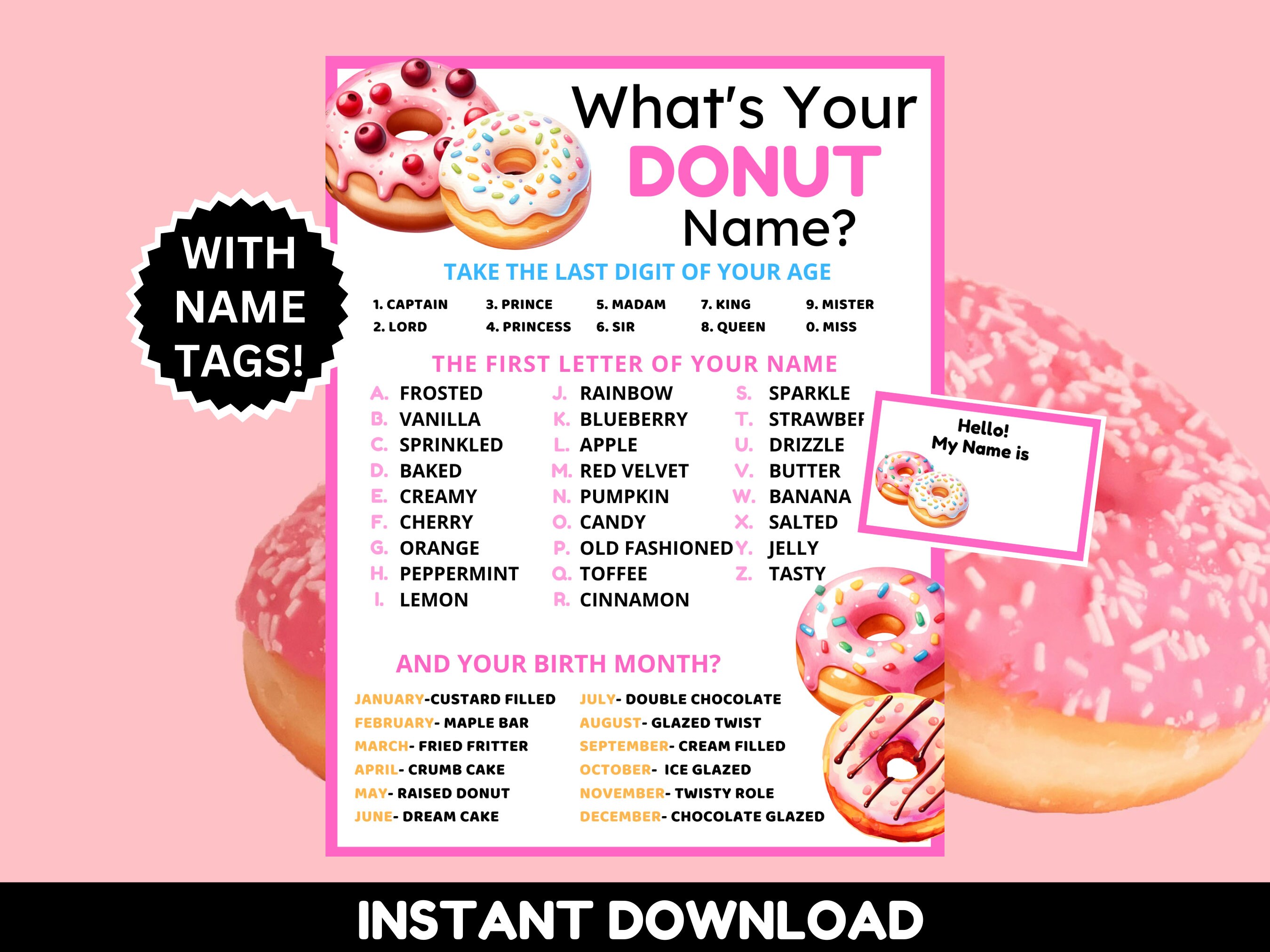 What's Your Donut Name Game With Name Tags + Donut Name Sign, Donut ...