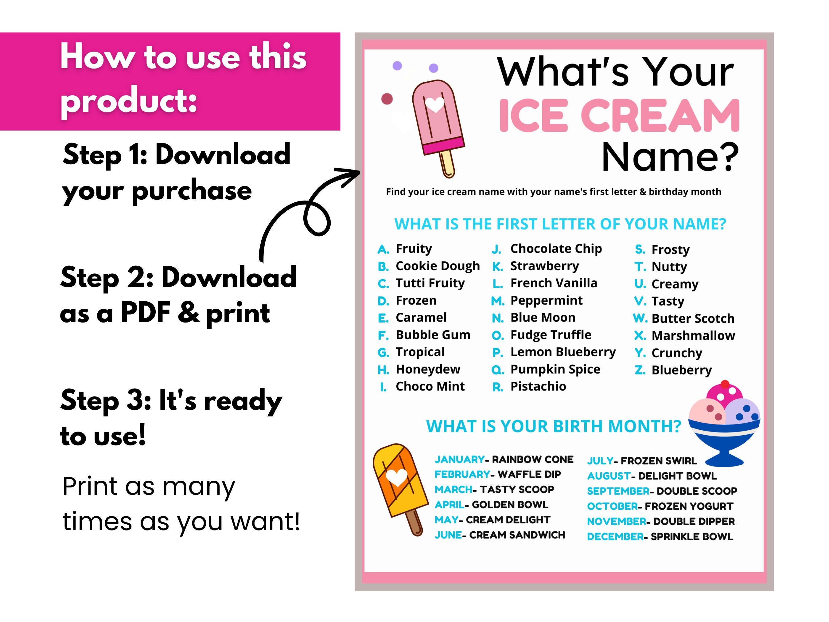 What's Your Ice Cream Name Game, Ice Cream Party Games, Ice Cream Name ...