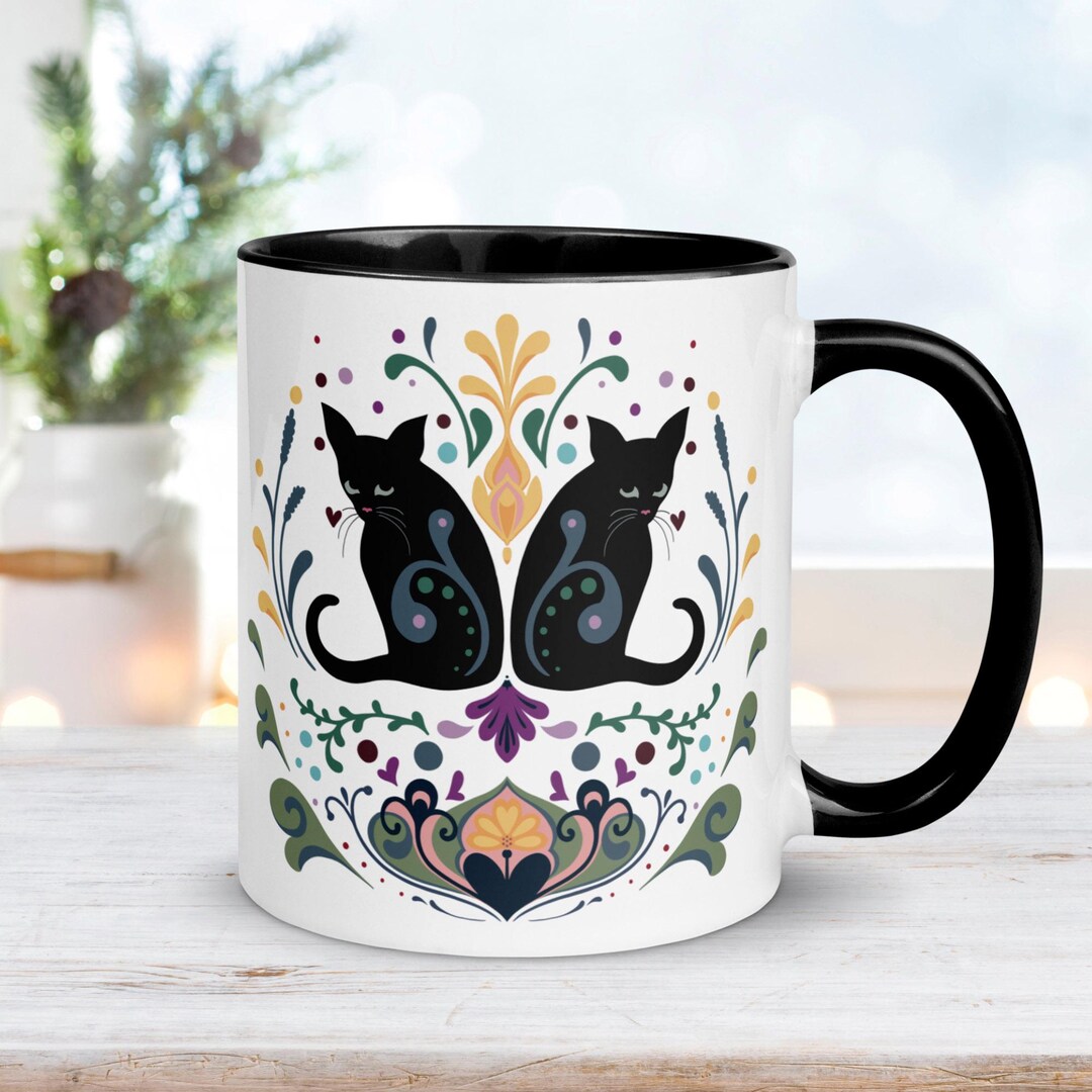 Retro Black Cat Mug - Folklore Wildflower Cup, Whimsigoth Gift for Cat ...