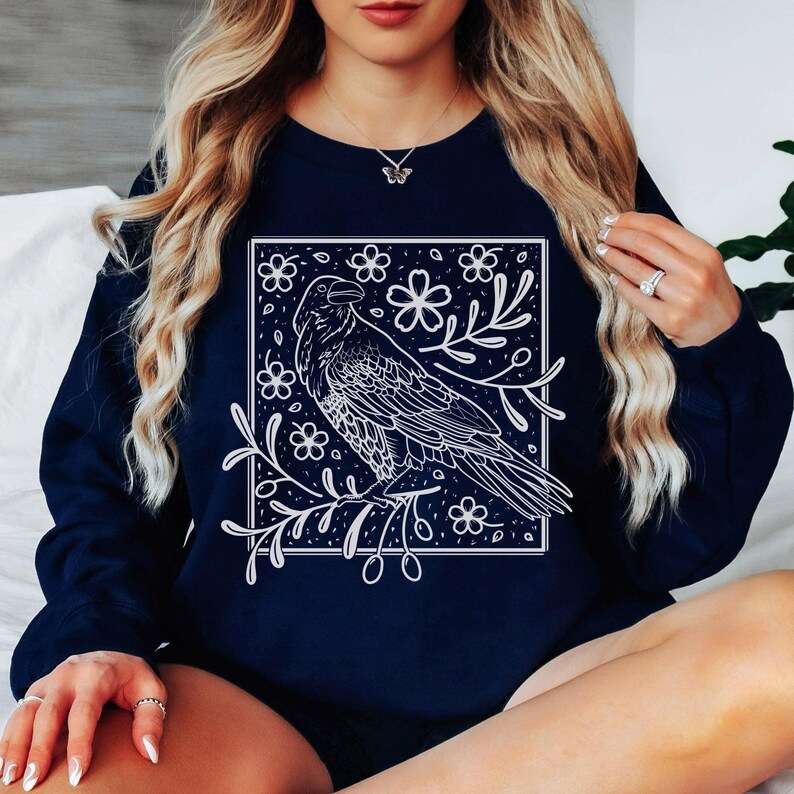 Raven Sweatshirt With Whimsigoth Folklore Design | Linocut Print Design ...