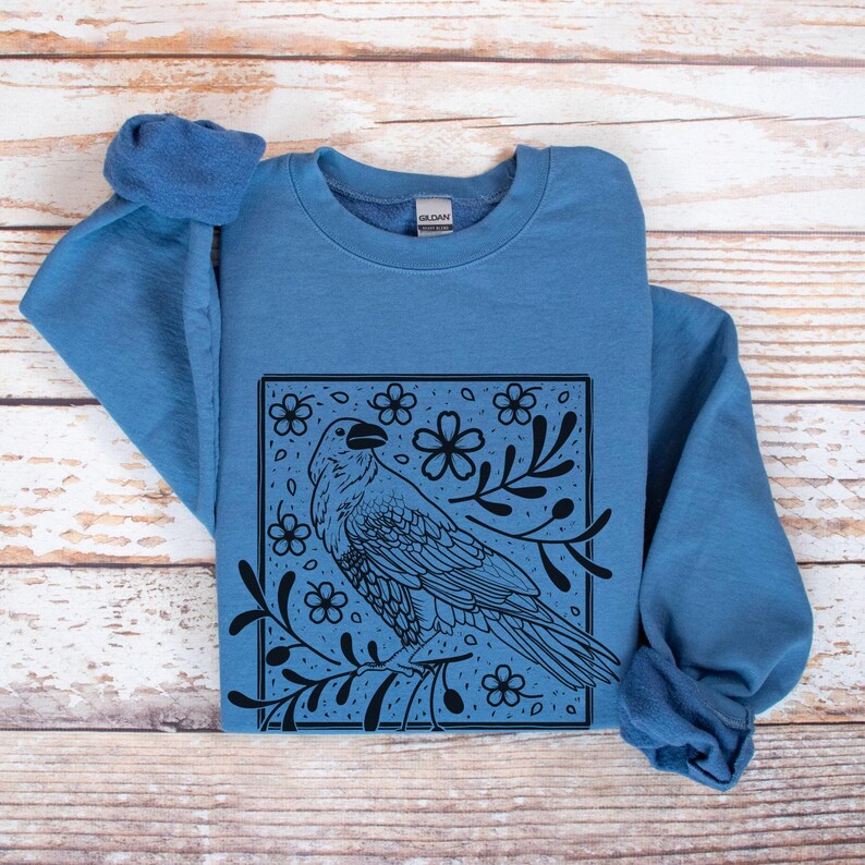 Raven Sweatshirt With Whimsigoth Folklore Design | Linocut Print Design ...
