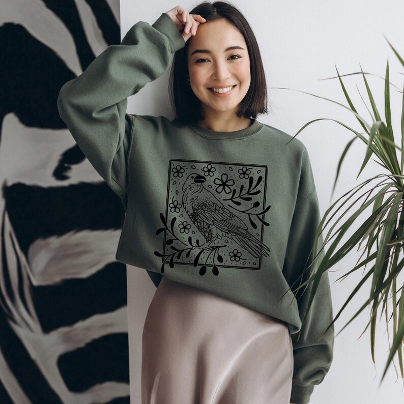 Raven Sweatshirt With Whimsigoth Folklore Design | Linocut Print Design ...