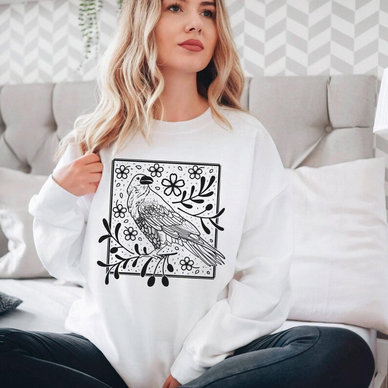 Raven Sweatshirt With Whimsigoth Folklore Design | Linocut Print Design ...