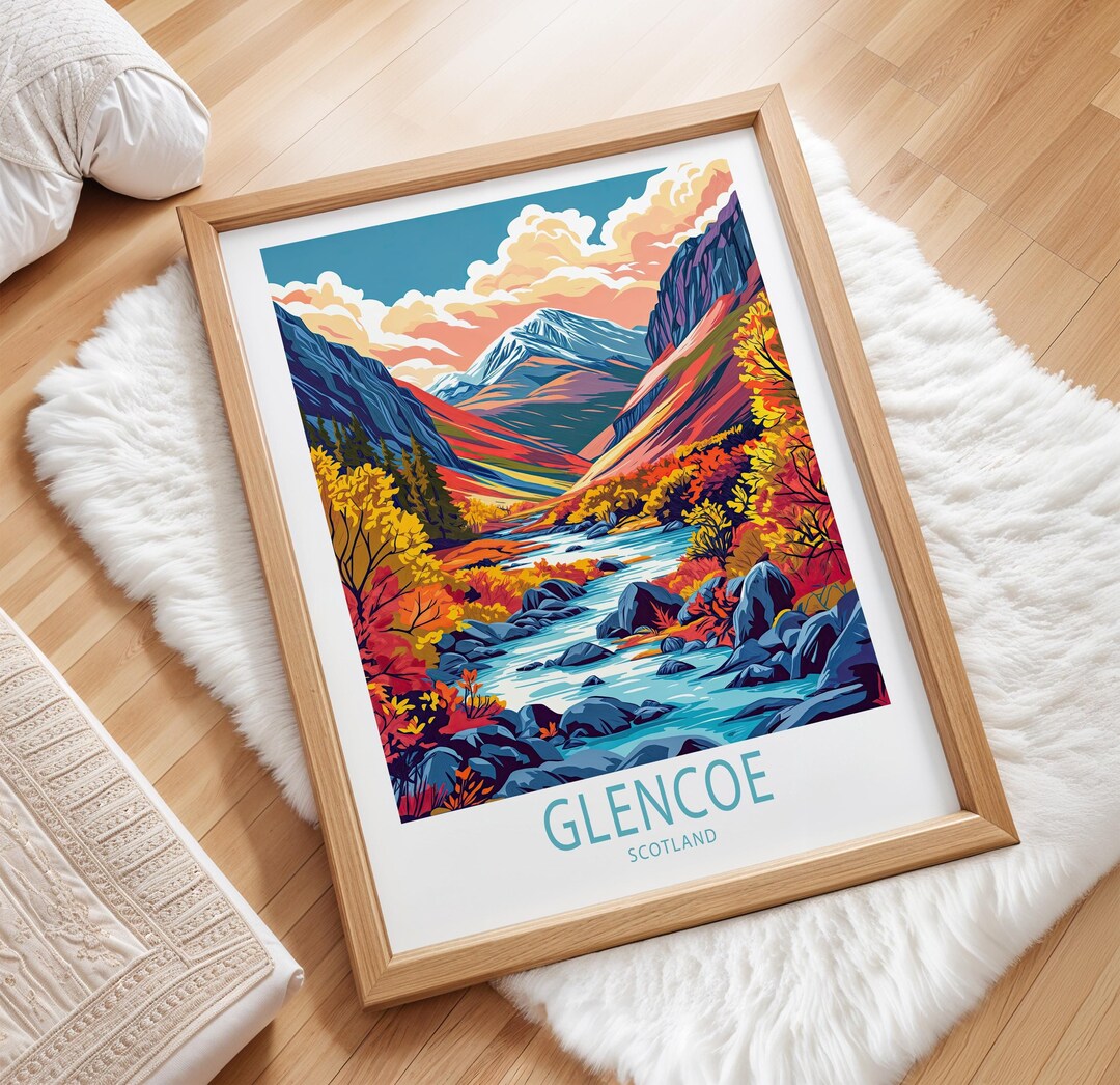 Glencoe Scotland Travel Poster, Scotland Wall Art, Glencoe Waterfalls ...