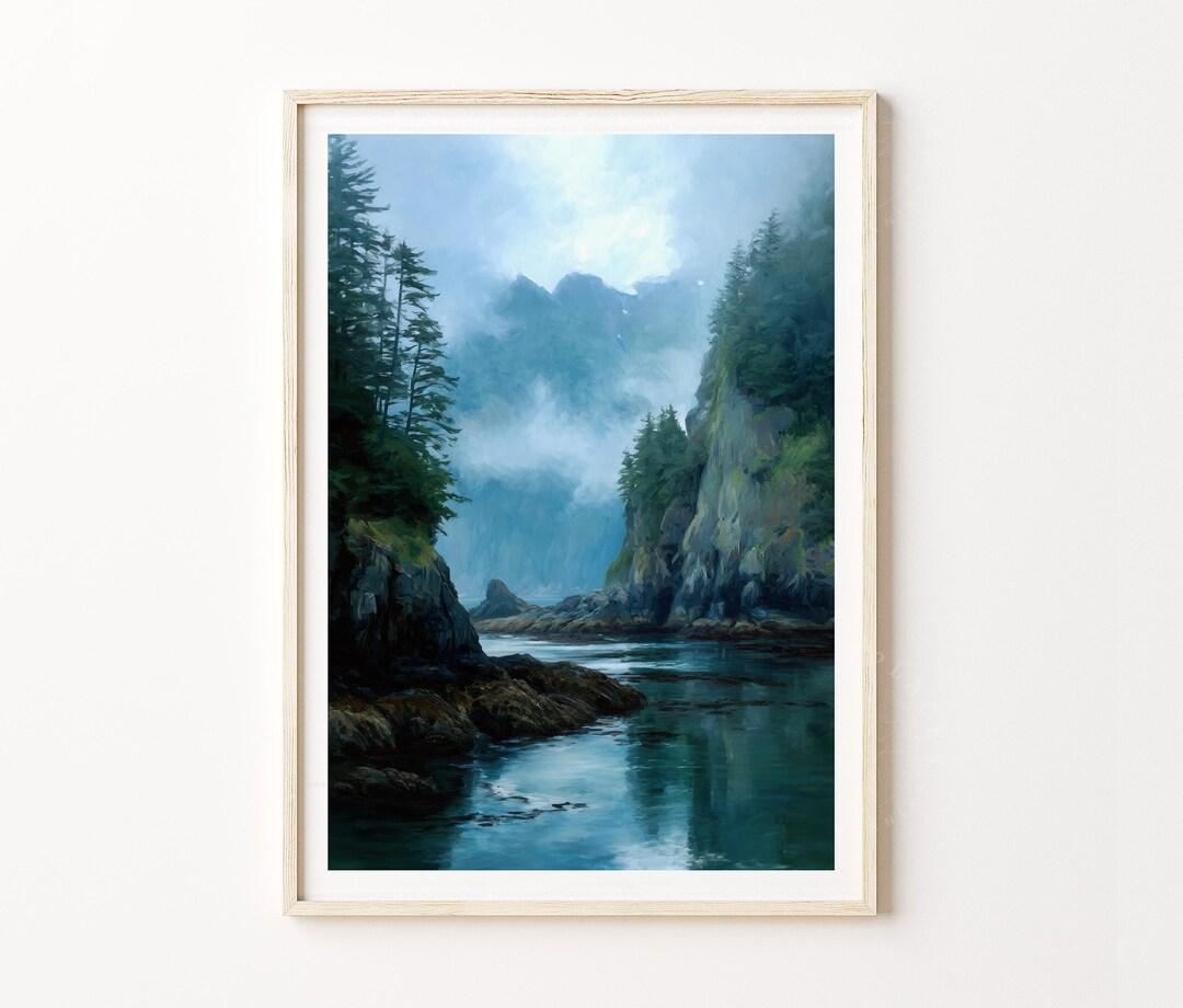 Sitka National Historical Park Oil Painting Travel Poster, Misty Forest ...