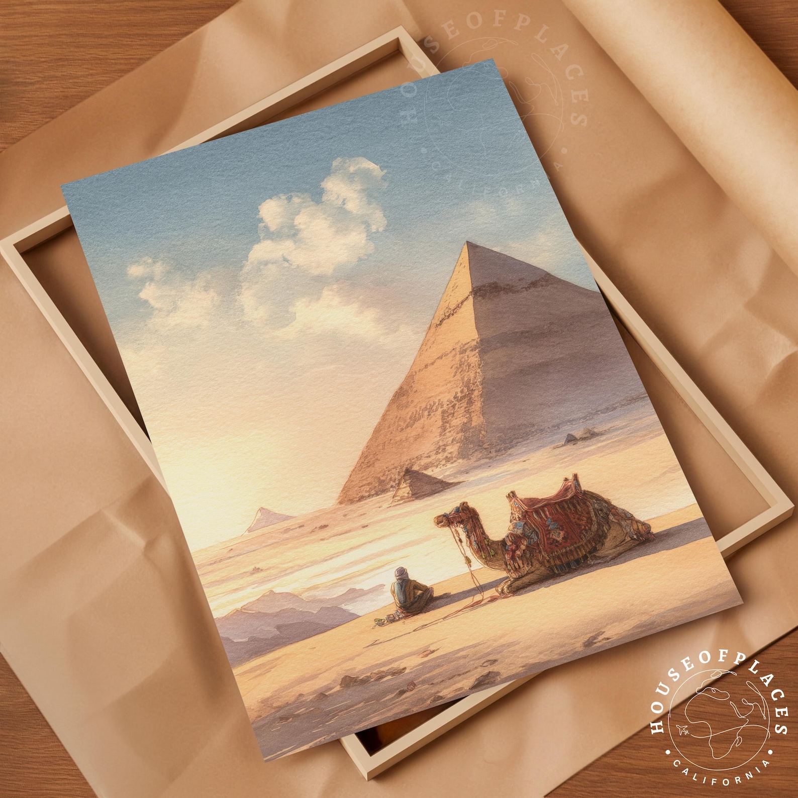 Cairo Pyramids Egypt Watercolor Print – Camel Desert Landscape Wall Art ...