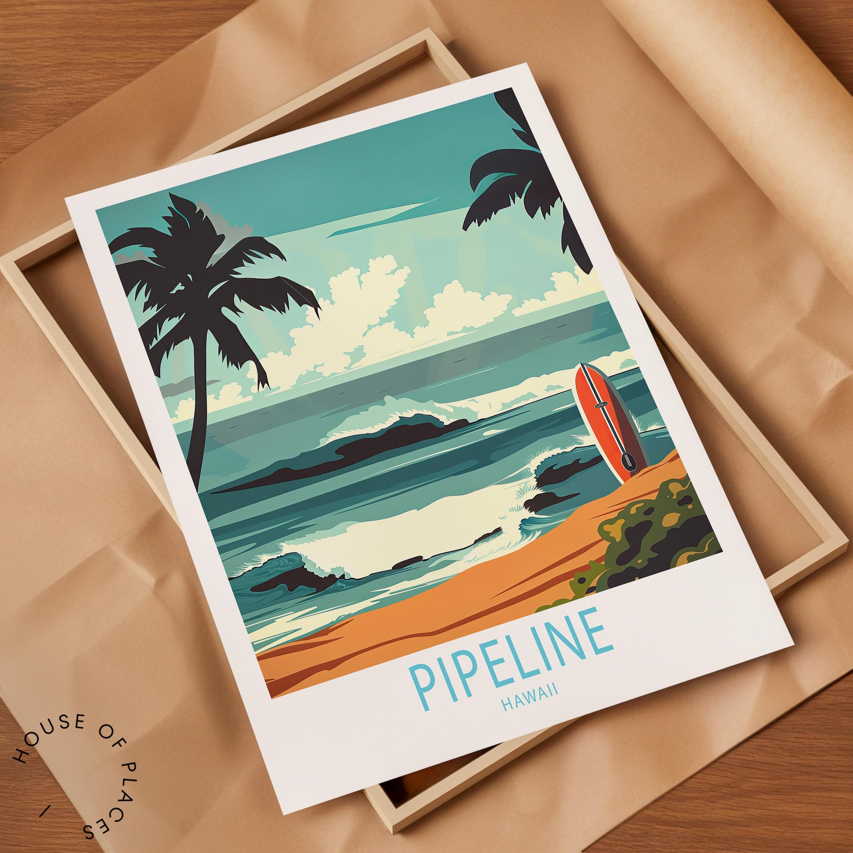 Pipeline Travel Poster, Hawaii Wall Art, Hawaii Surf Poster, Pipeline ...