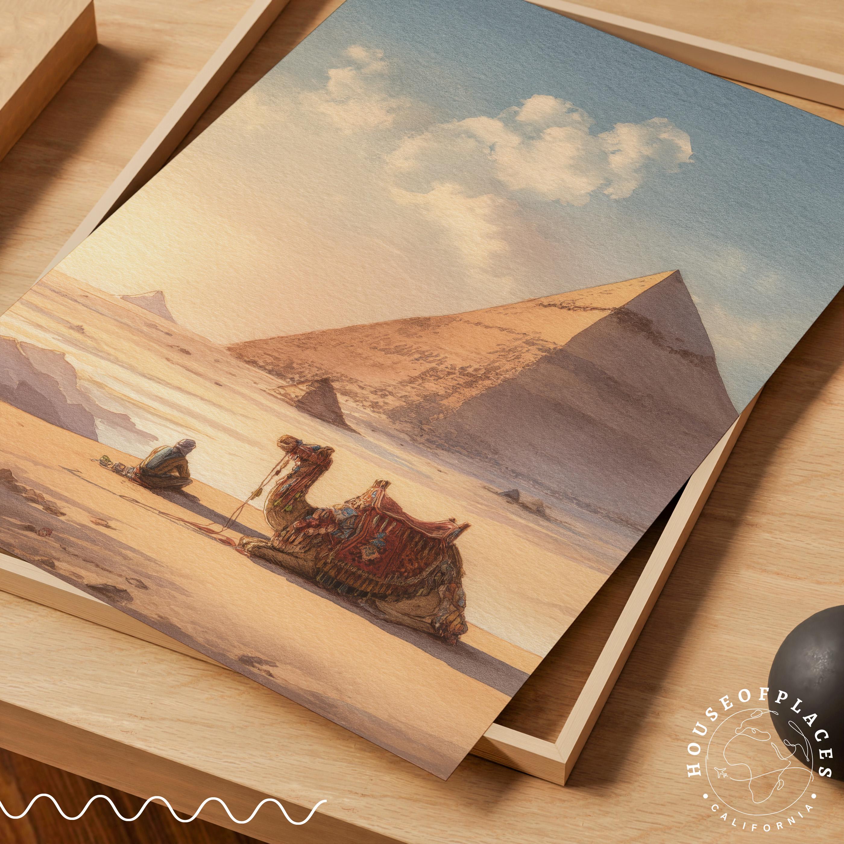 Cairo Pyramids Egypt Watercolor Print – Camel Desert Landscape Wall Art ...
