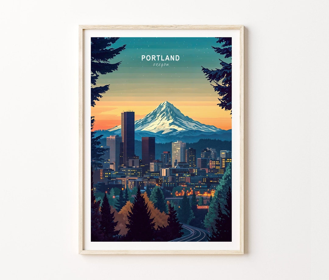 Portland Oregon Travel Poster, Portland Print, Oregon Wall Art, Sunset ...