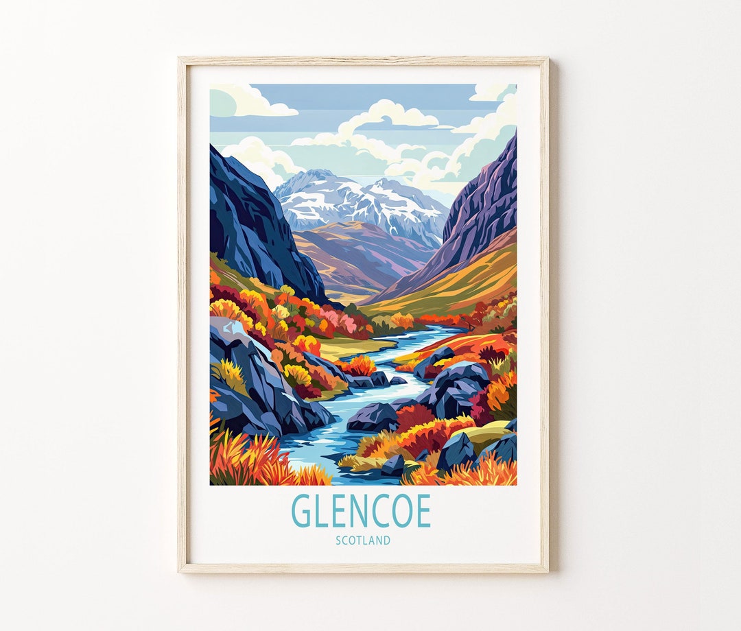 Glencoe Travel Poster, Scotland Wall Art, Glencoe Scotland Waterfalls ...