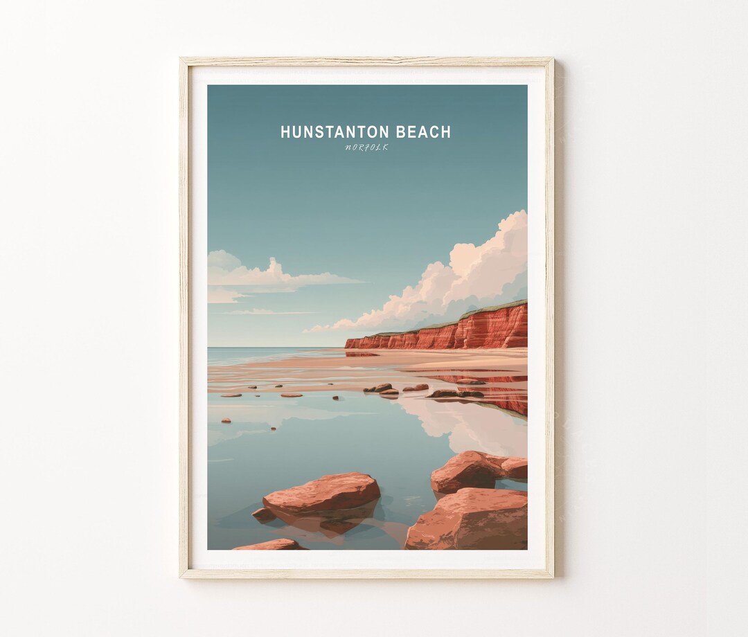 Hunstanton Coastal Travel Poster, England Red Cliffs, Norfolk Landscape ...