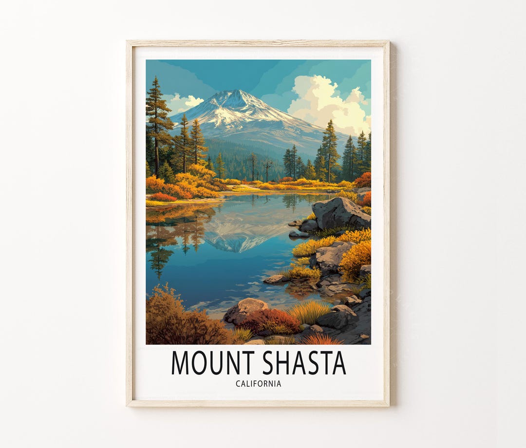 Mount Shasta Travel Poster Print, California Mountain Landscape Wall ...